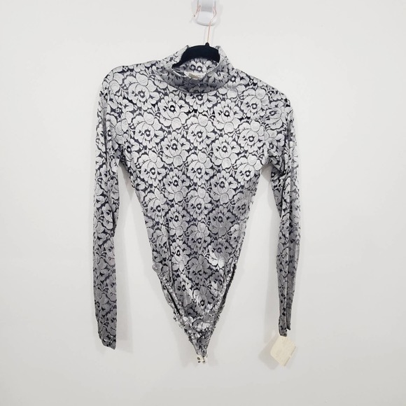 Gantos | Tops | Vintage Gantos Silver Lace Sheer Mock Neck Bodysuit ...